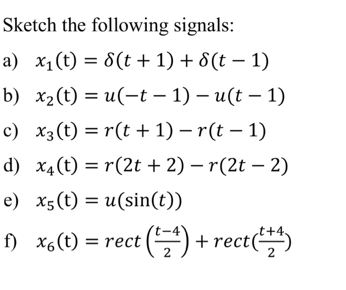Solved Sketch the following signals: a) x_1 (t) = delta(t + | Chegg.com