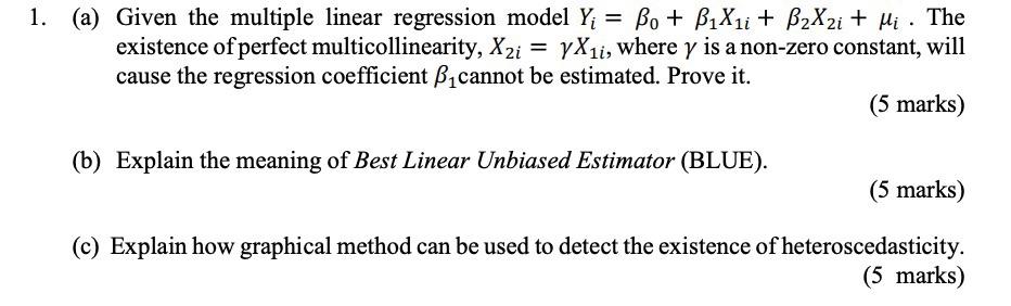 Solved 1. (a) Given the multiple linear regression model | Chegg.com