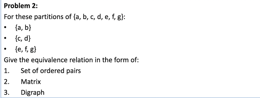 Solved Problem 2: For these partitions of {a,b,c,d,e,f,g} : | Chegg.com