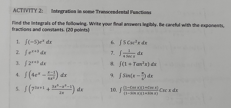 Solved ACTIVITY 2: Integration in some Transcendental | Chegg.com