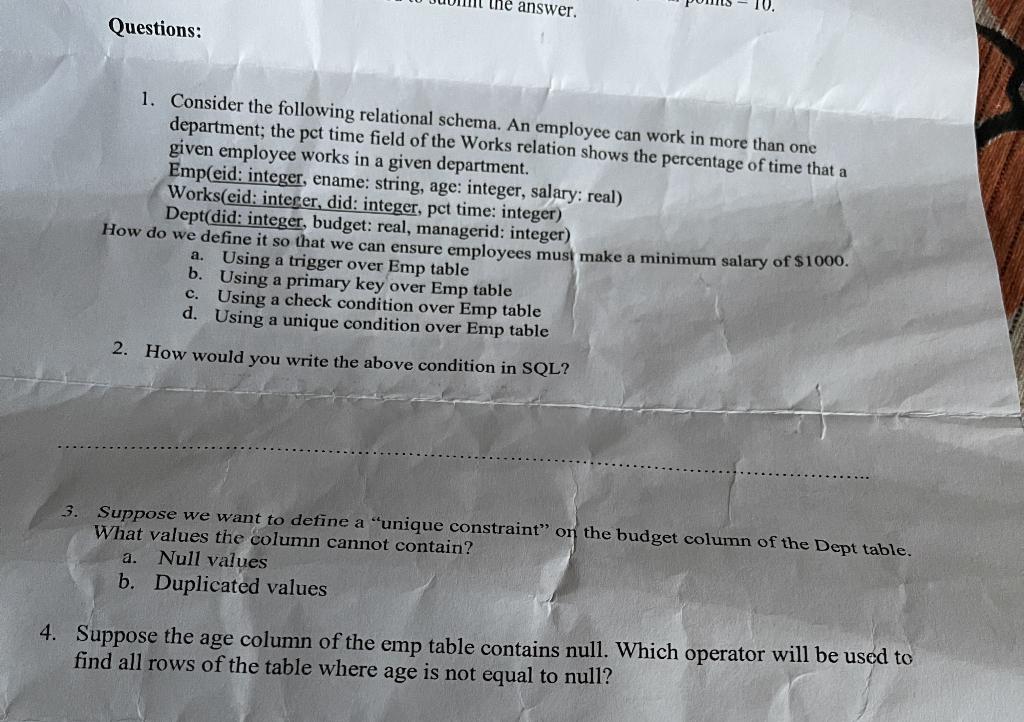 Solved 1. Consider the following relational schema. An | Chegg.com ...