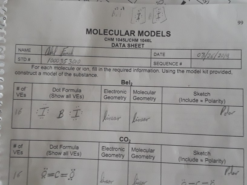 Solved MOLECULAR MODELS CHM 1045L/CHM 1046L DATA SHEET NAME | Chegg.com