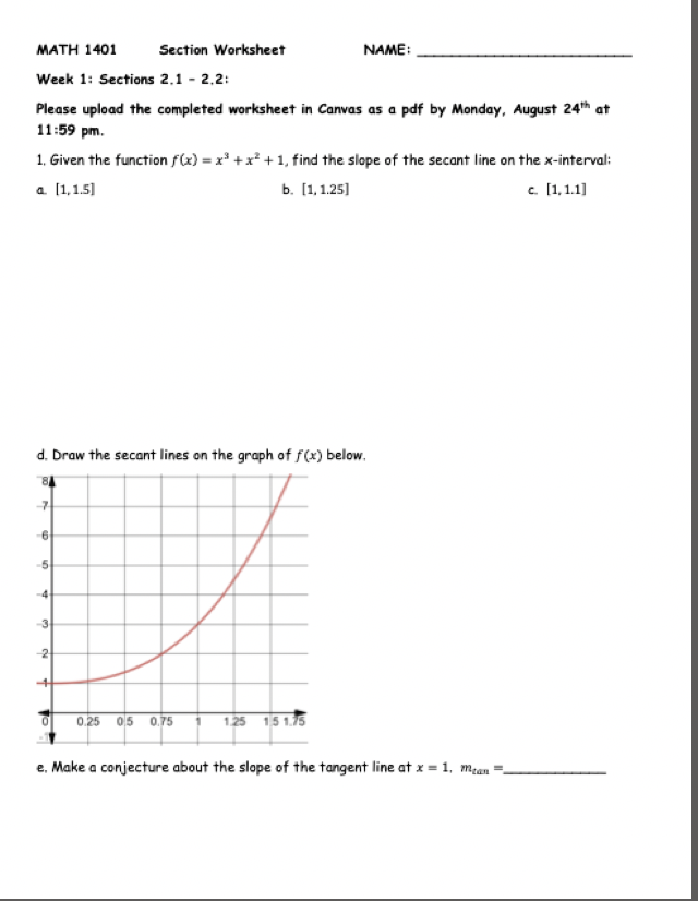 Solved MATH 1401 Section Worksheet NAME: Week 1: Sections | Chegg.com