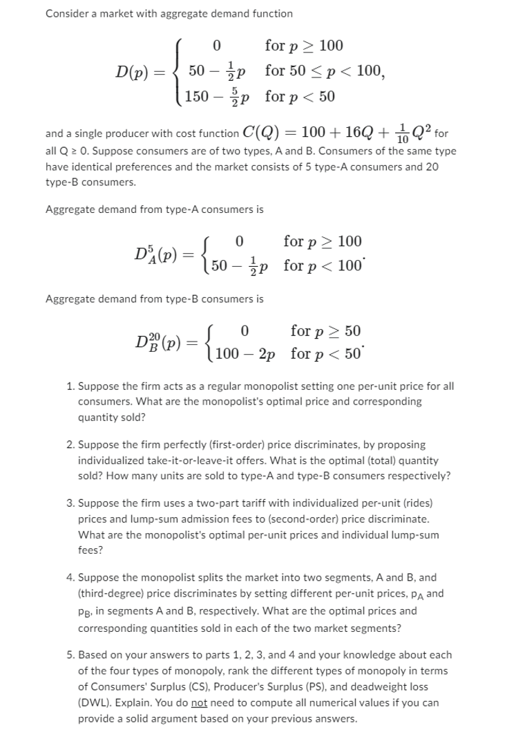 Solved Consider a market with aggregate demand function | Chegg.com