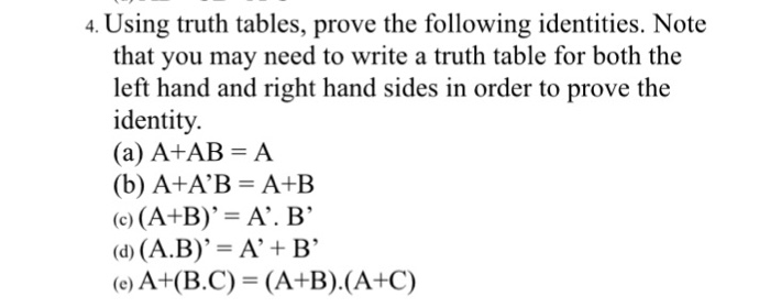 Solved Using truth tables, prove the following identities. | Chegg.com