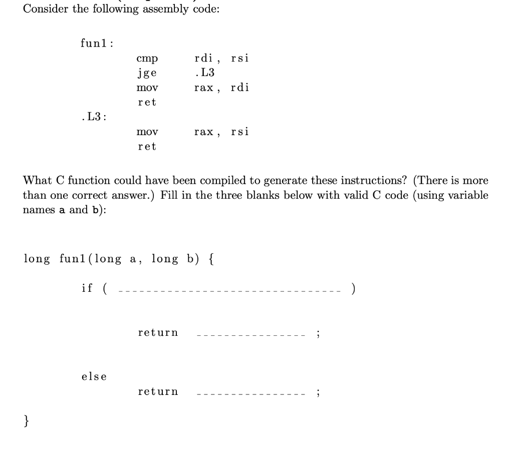 Solved Consider the following assembly code: funl: cmp jge | Chegg.com
