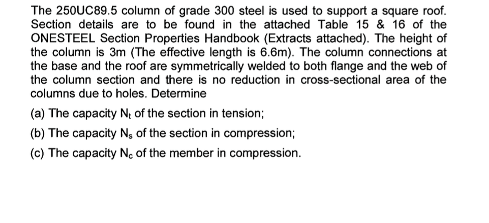 The 250UC89.5 column of grade 300 steel is used to | Chegg.com