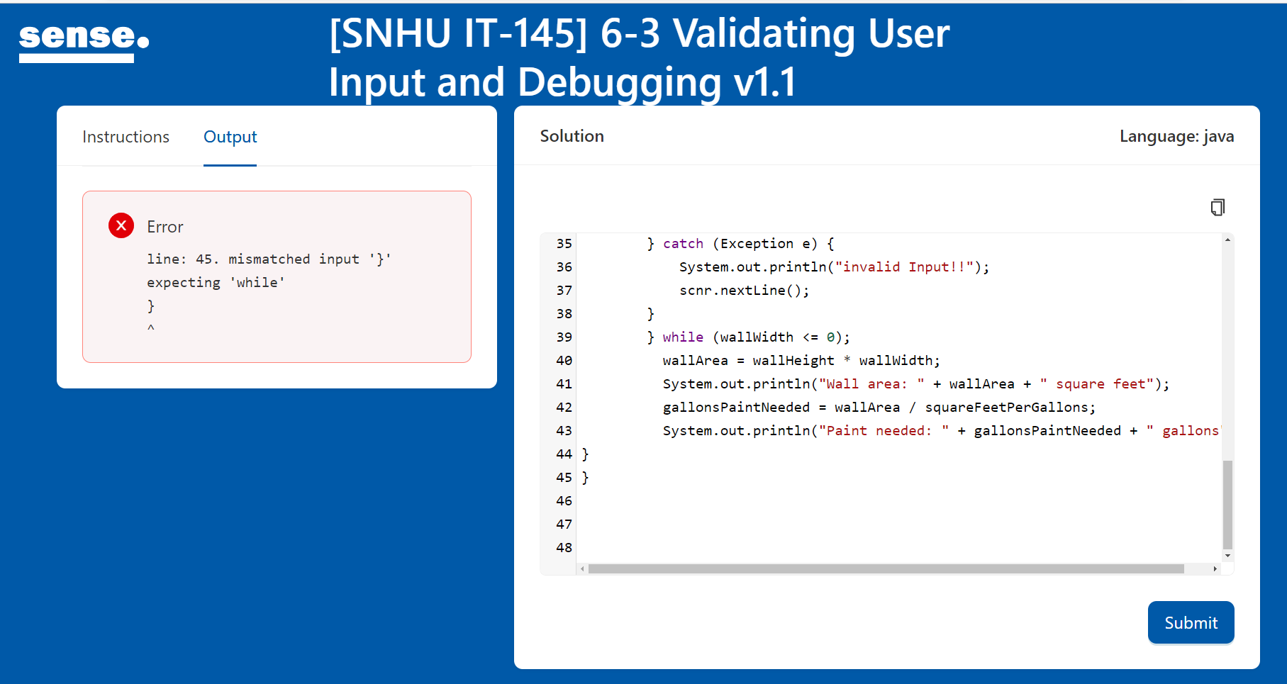 Solved ructions Output Solution Language: java X Error line: | Chegg.com