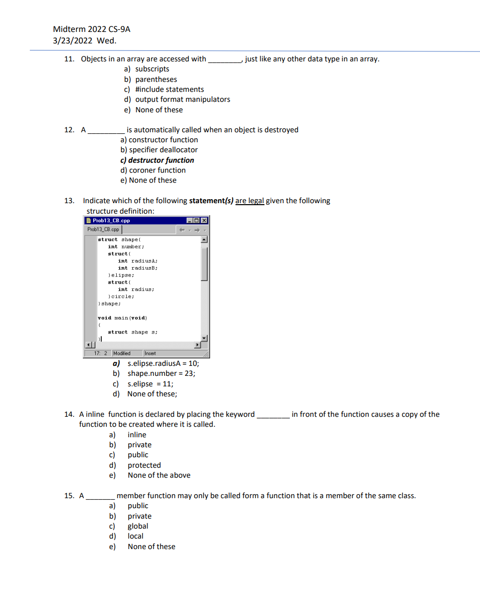 Solved Midterm 2022 CS-9A 3/23/2022 Wed. 11. Objects in an | Chegg.com