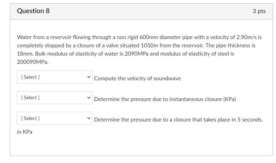 Solved Question 8 3 pts Water from a reservoir flowing | Chegg.com