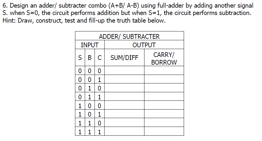 Solved 6. Design an adder/ subtracter combo (A+B/ A-B) using | Chegg.com