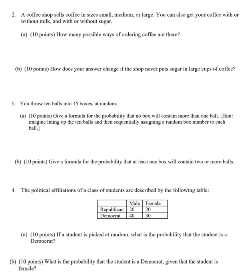 Solved 2. A coffee shop sells coffee in sizes small, medium, | Chegg.com