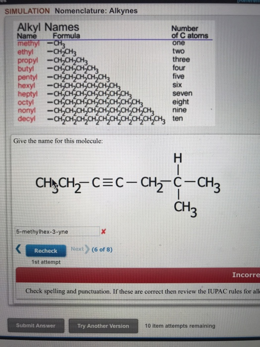 Solved SIMULATION Nomenclature: Alkynes Alkyl Names Name | Chegg.com