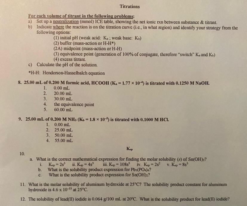 Solved Titrations For each volume of titrant in the | Chegg.com
