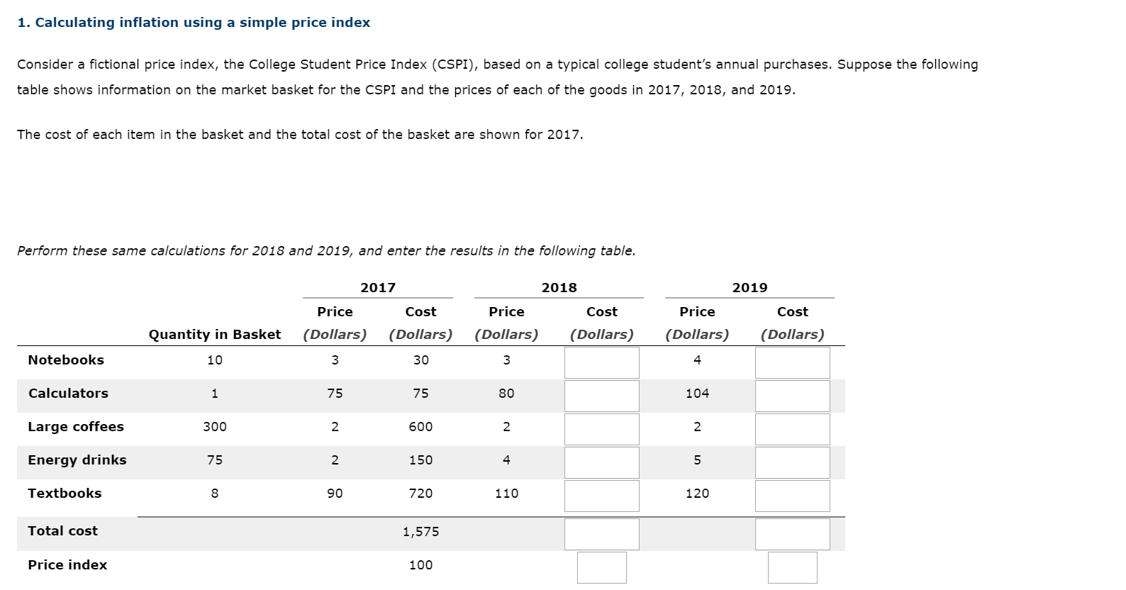 Solved 1. Calculating inflation using a simple price index | Chegg.com