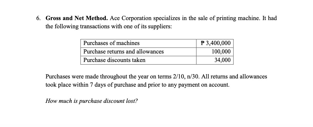 Solved 6. Gross and Net Method. Ace Corporation specializes | Chegg.com