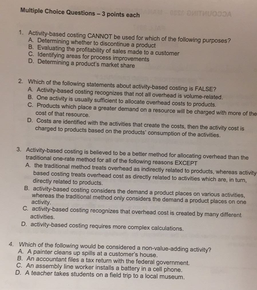 Solved Multiple Choice Questions -3 points each 1. | Chegg.com