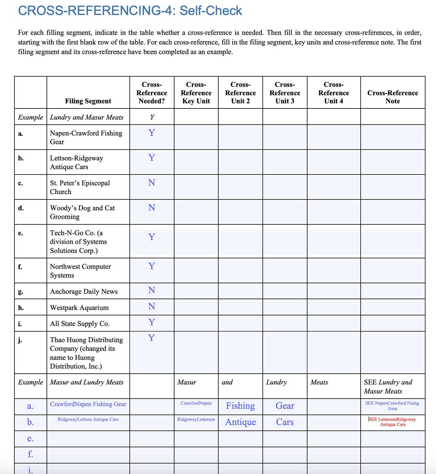 For each filling segment, indicate in the table | Chegg.com