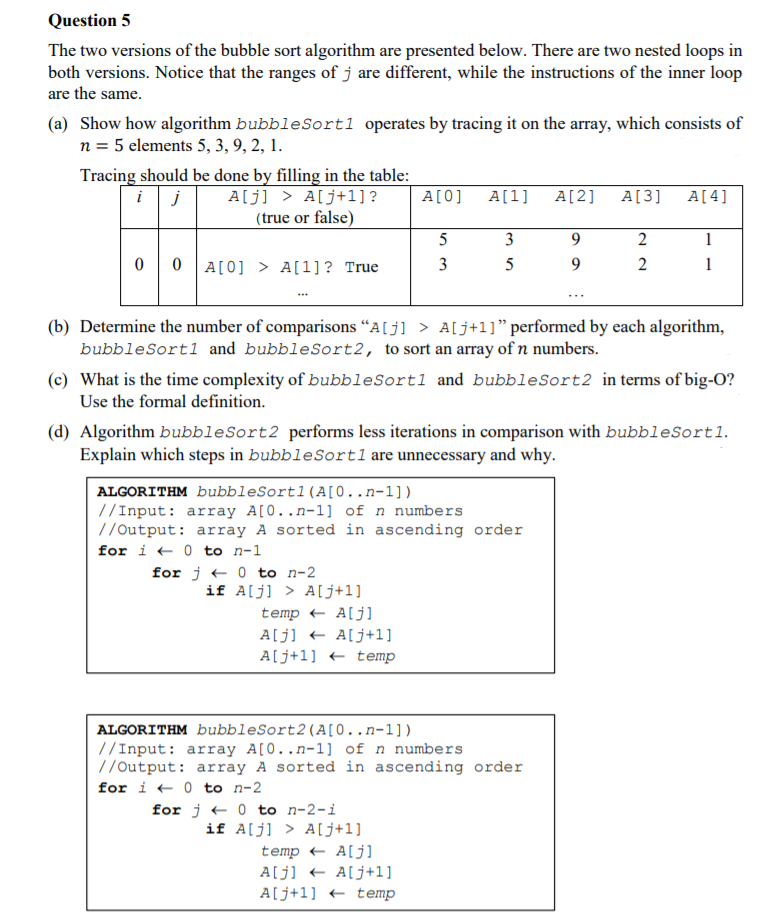 Solved Question5 The two versions of the bubble sort | Chegg.com