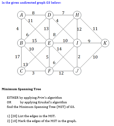 Solved In the given undirected graph G3 below: _D7 11 4 4 x | Chegg.com