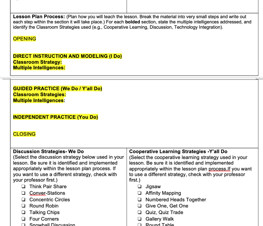 Lesson Plan Process: (Plan how you will teach the | Chegg.com