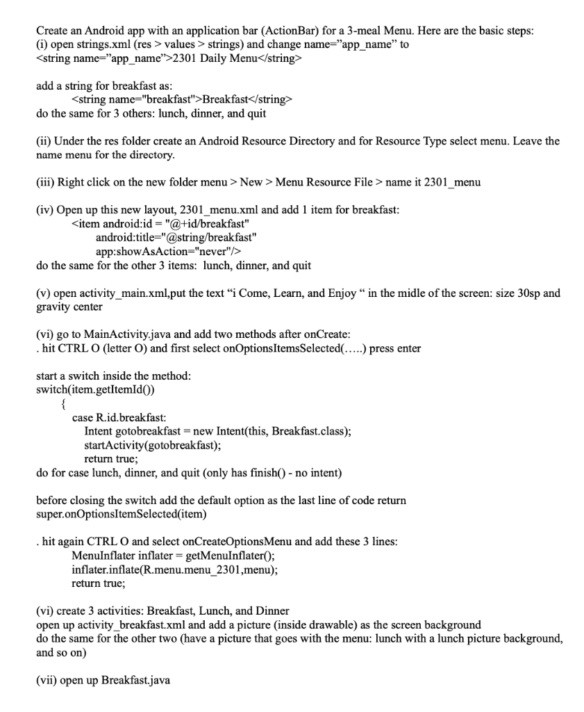 Create an Android app with an application bar | Chegg.com