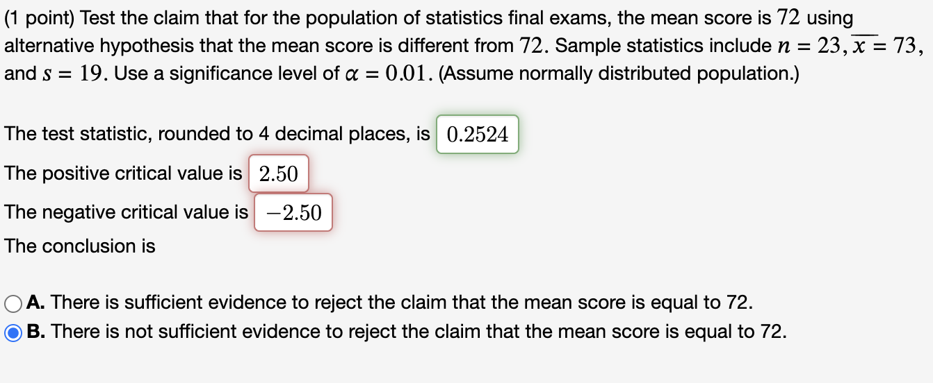 Solved (1 point) Test the claim that for the population of | Chegg.com