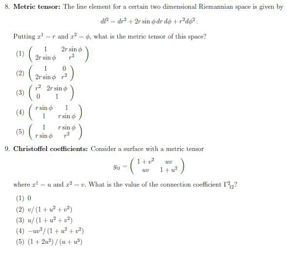 Solved 8. Metric tensor: The line element for a certain two | Chegg.com