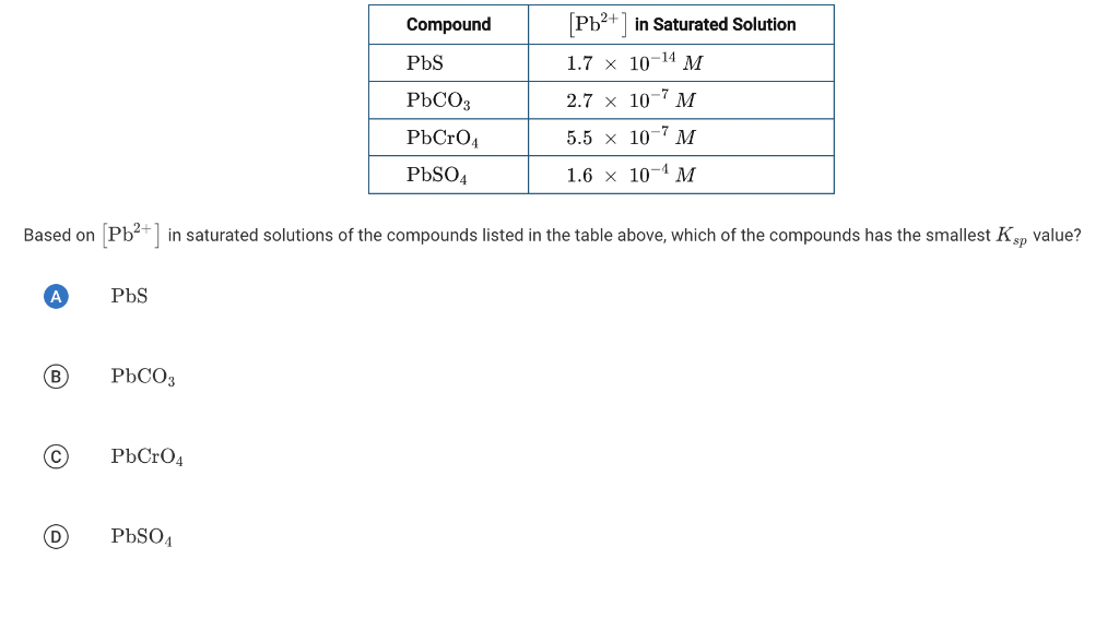 Solved PbS (B) PbCO3 (C) PbCrO4 (D) PbSO4 | Chegg.com