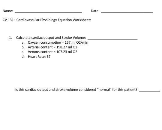 Solved Date Name CV 131: Cardiovascular Physiology Equation | Chegg.com