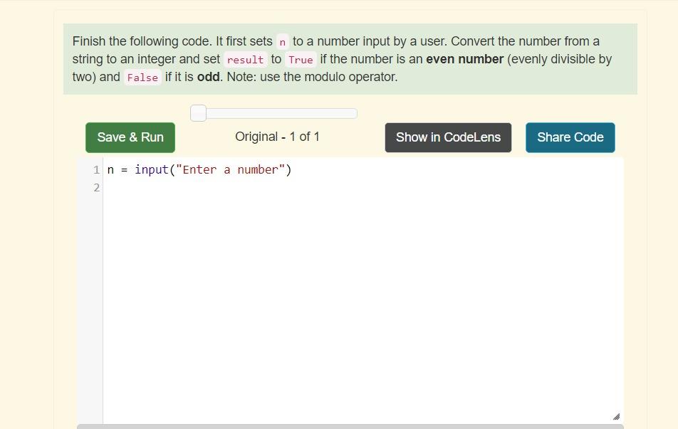 Solved Finish the following code. It first sets n to a | Chegg.com