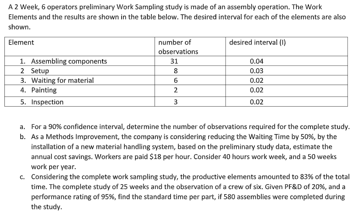 Solved A 2 Week, 6 operators preliminary Work Sampling study | Chegg.com