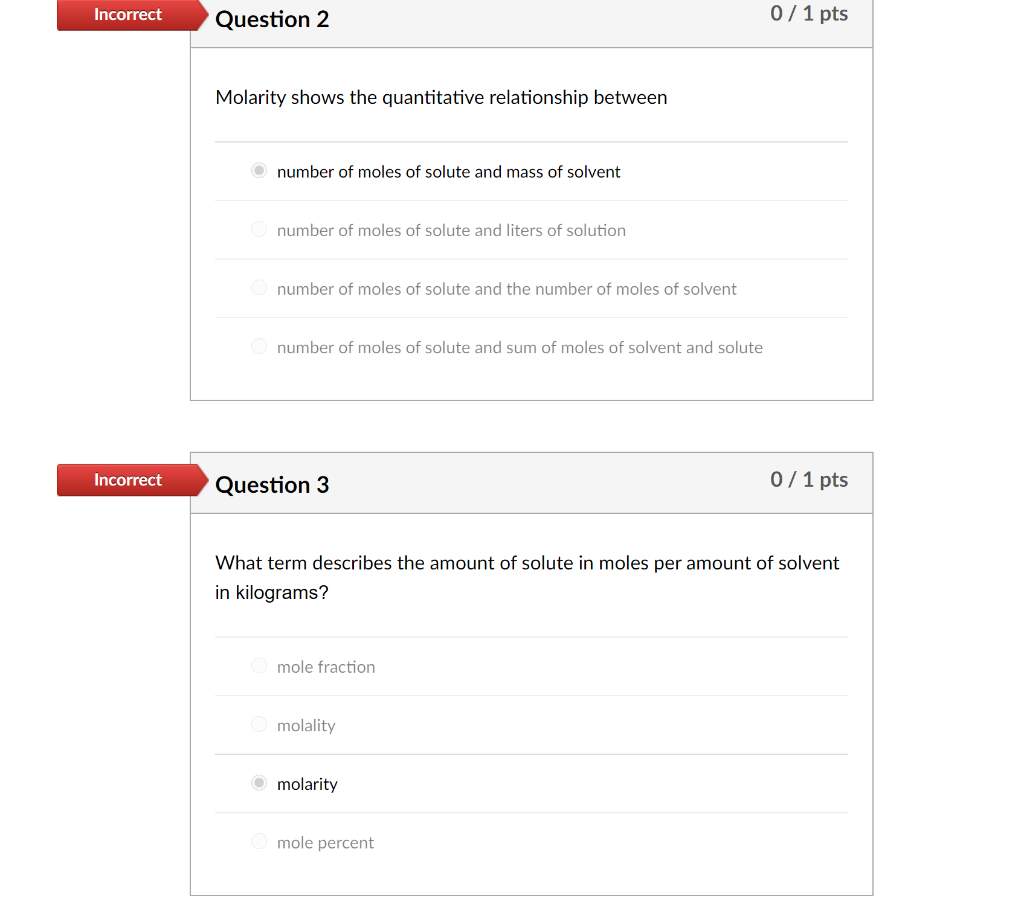 Solved Incorrect Question 2 0/1 pts Molarity shows the | Chegg.com