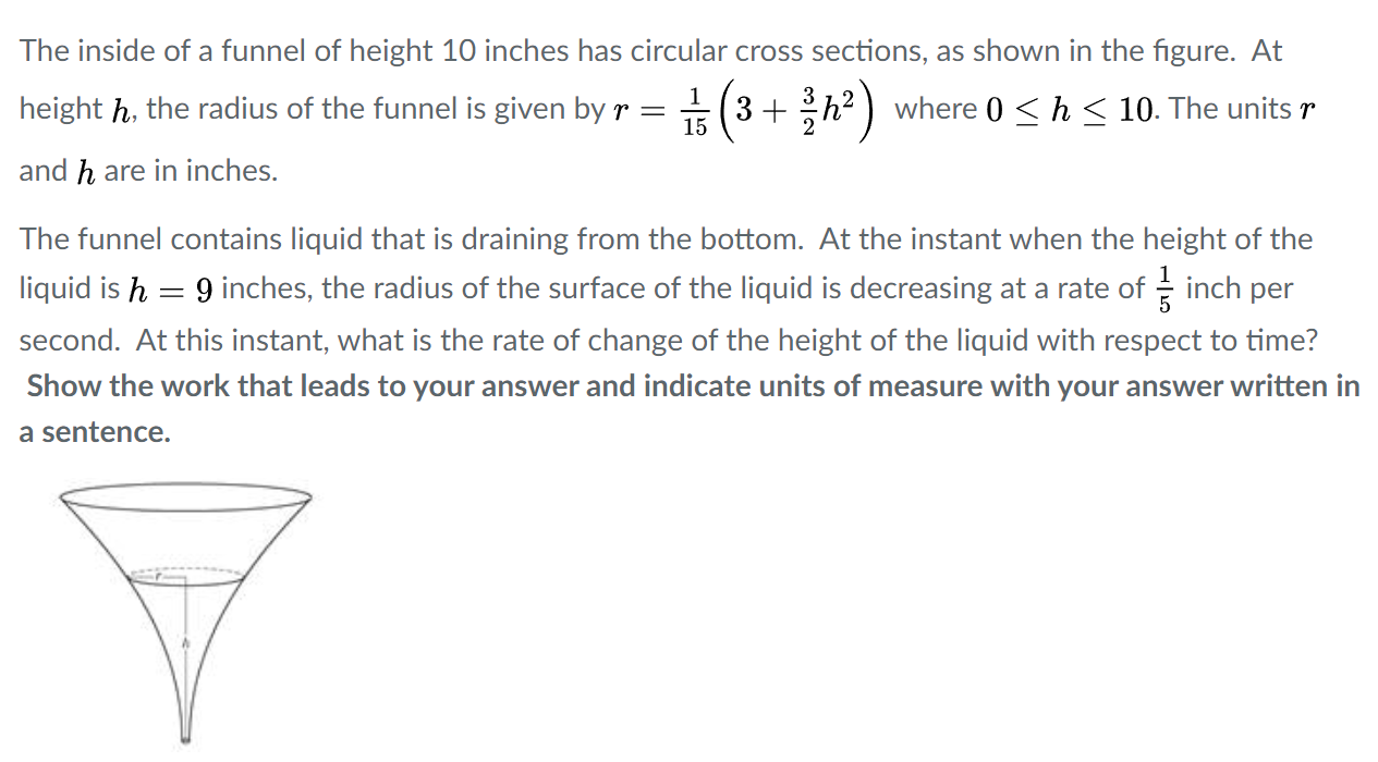 Solved The inside of a funnel of height 10 inches has | Chegg.com