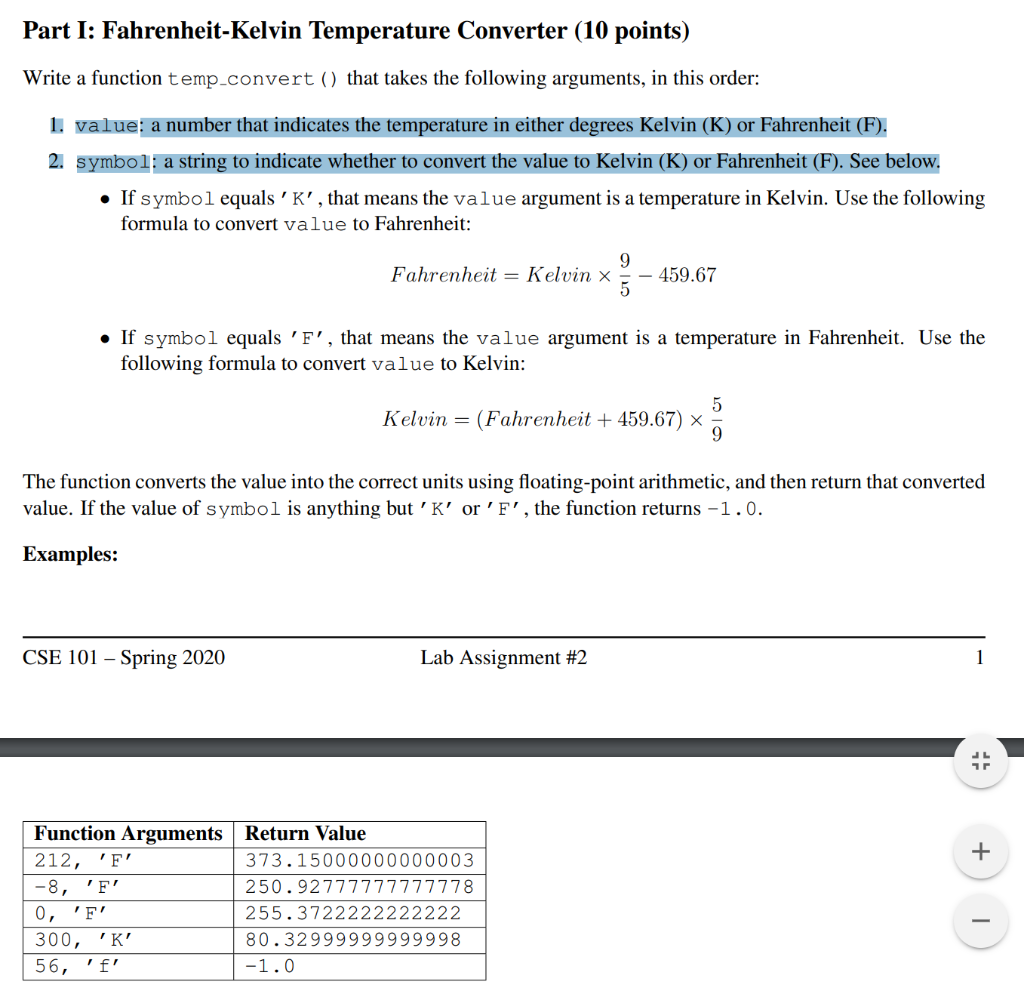 Solved Part I: Fahrenheit-Kelvin Temperature Converter (10 | Chegg.com