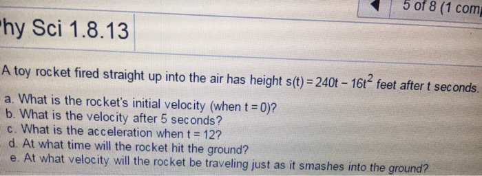 Solved A toy rocket fired straight up into the air has | Chegg.com