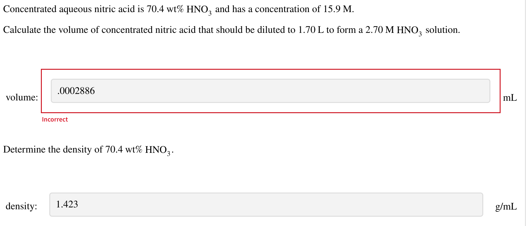 Solved Concentrated aqueous nitric acid is 70.4wt%HNO3 and | Chegg.com