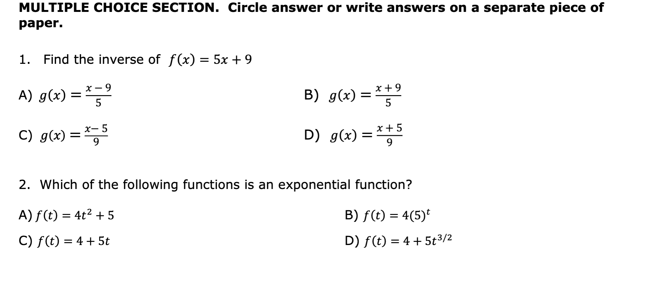 Solved MULTIPLE CHOICE SECTION. Circle answer or write | Chegg.com