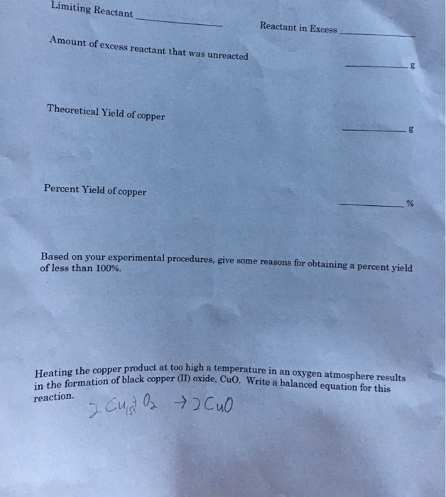 Solved LIMITING REACTANT AND PERCENT YIELD REPORT FORM NAME | Chegg.com