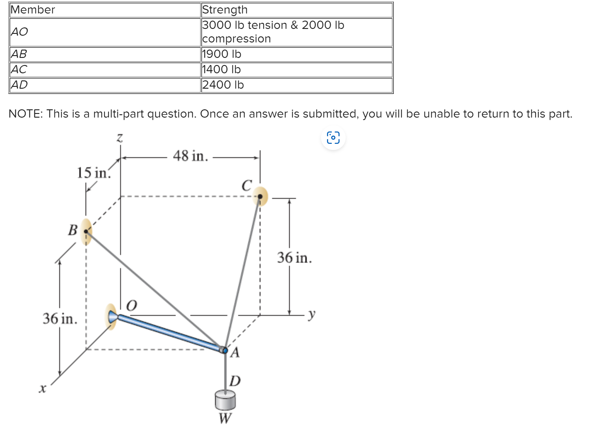 Solved A weight W is supported by bar AO and cables AB, ﻿AC, | Chegg.com