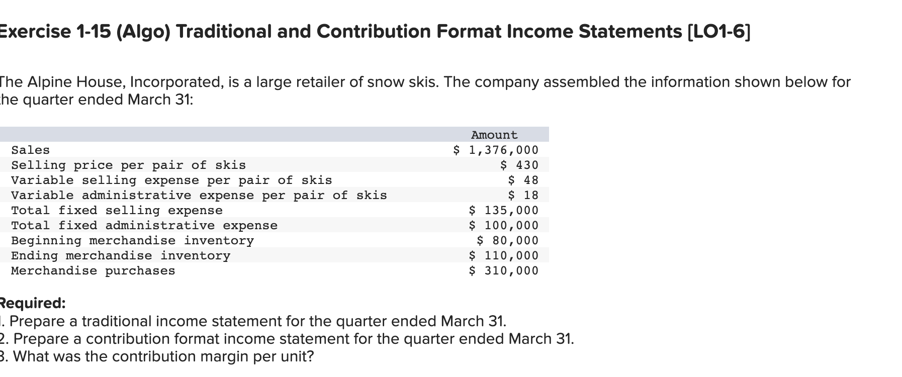 Solved Exercise 1-15 (Algo) Traditional and Contribution | Chegg.com