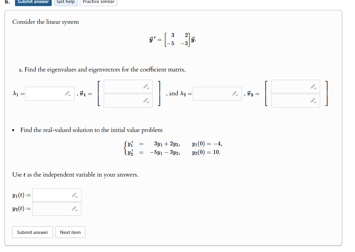 Solved Consider the linear systemvec(y)'=[32-5-3]vec(y).a. | Chegg.com