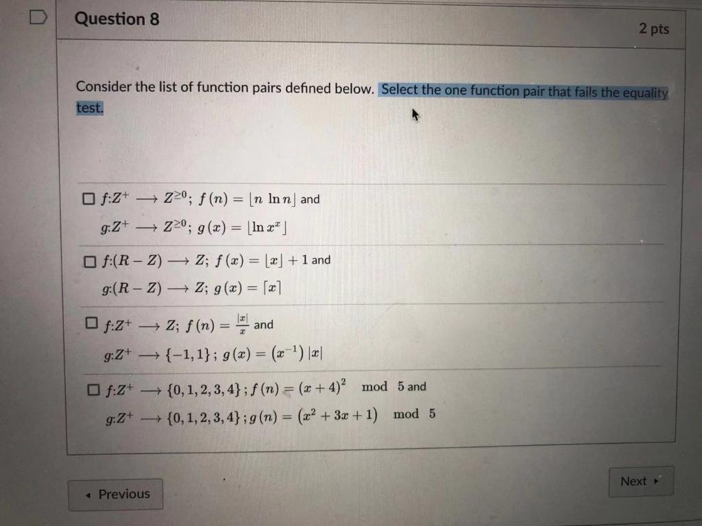Solved Question 8 2 pts Consider the list of function pairs | Chegg.com