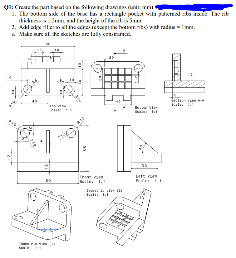 Solved Q1: Create the part based on the following drawings | Chegg.com