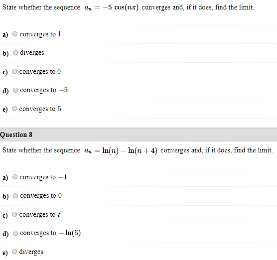 Solved State whether the sequence on = -5 cos(nn) converges | Chegg.com