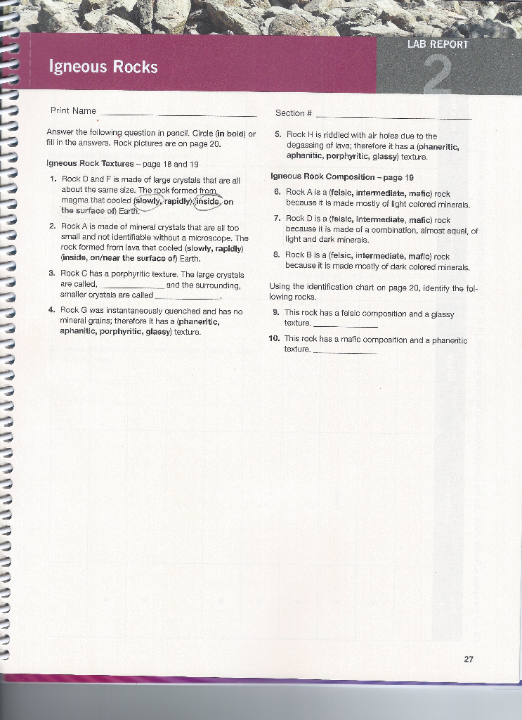Solved LAB REPORT Igneous Rocks Print Name Section #_ Answer | Chegg.com
