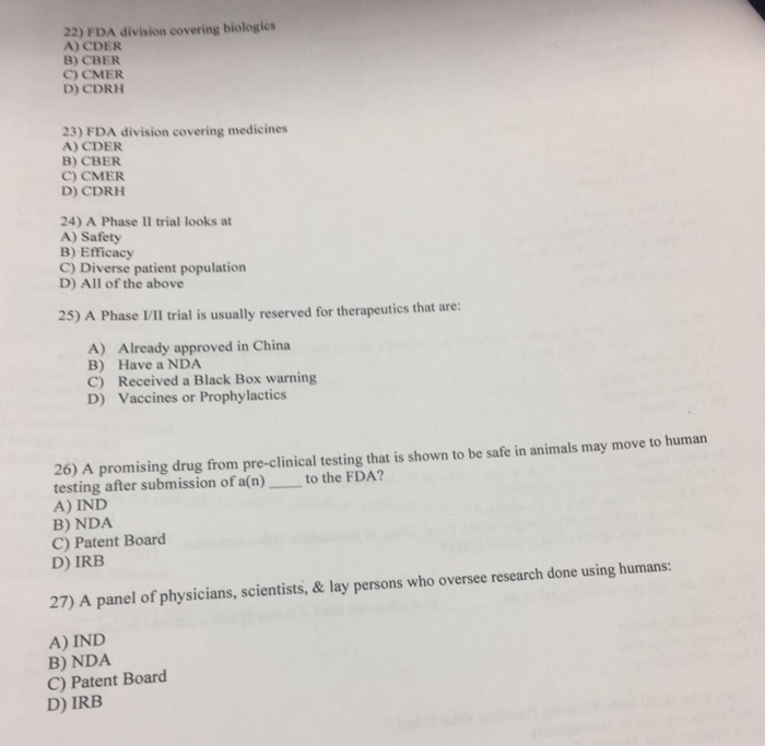 Solved FDA division covering biologics A) CDER. B) CBER | Chegg.com