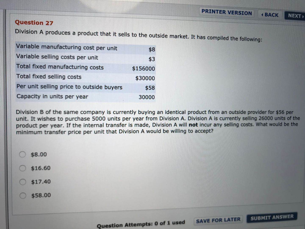 Solved NEXT PRINTER VERSION BACK Question 27 Division A | Chegg.com