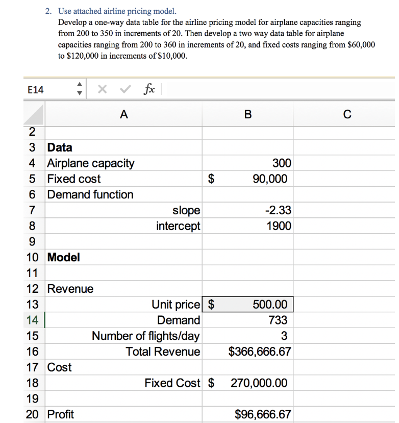 Solved 2. Use attached airline pricing model. Develop a | Chegg.com
