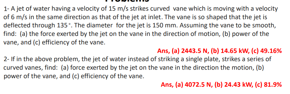 Solved 1- A jet of water having a velocity of 15 m/s strikes | Chegg.com